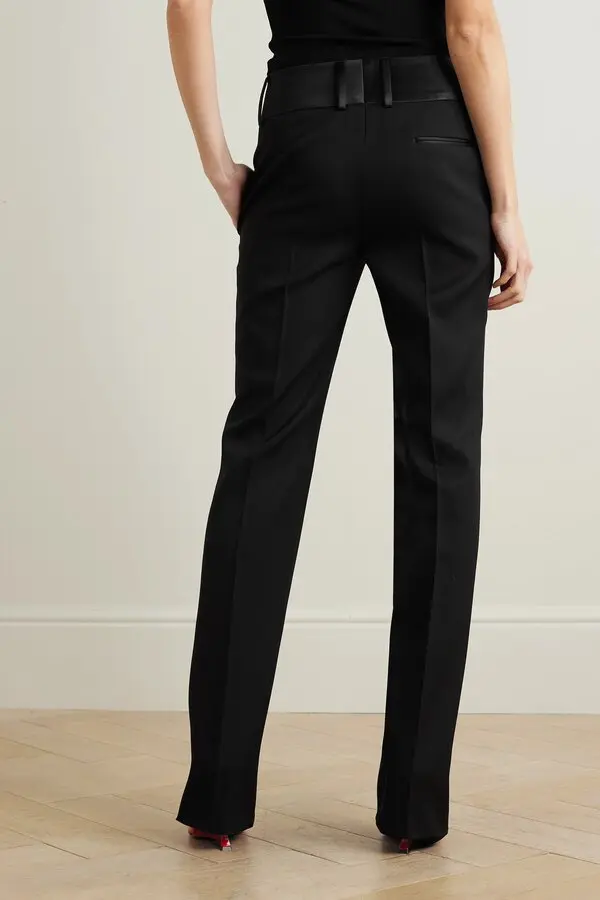 FERRAGAMO Silk-blend Satin-trimmed Grain De Poudre Wool Slim-leg Pants