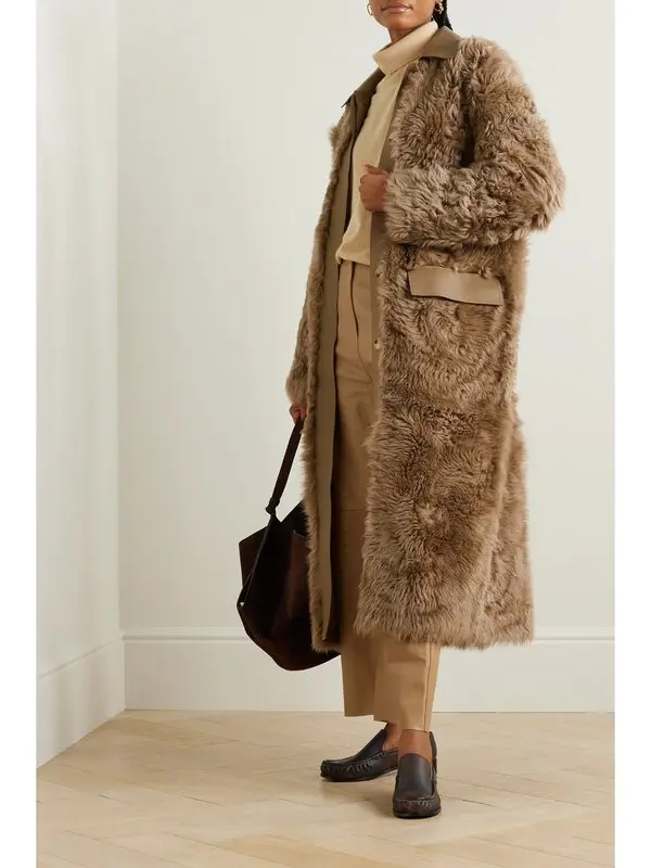 TOTEME Net Sustain Leather-trimmed Shearling Overcoat