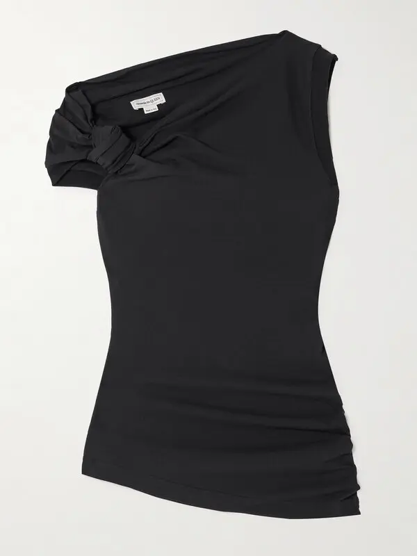 Alexander McQueen Asymmetric Bow-detailed Embroidered Stretch-cotton Jersey Top