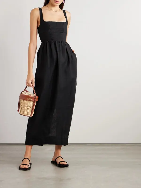 Bondi Born Net Sustain Delphi Organic Linen Midi Dress - Black