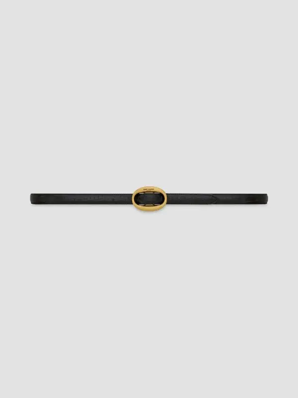 Saint Laurent Oval Buckle Thin Belt In Crocodile Embossed Leather