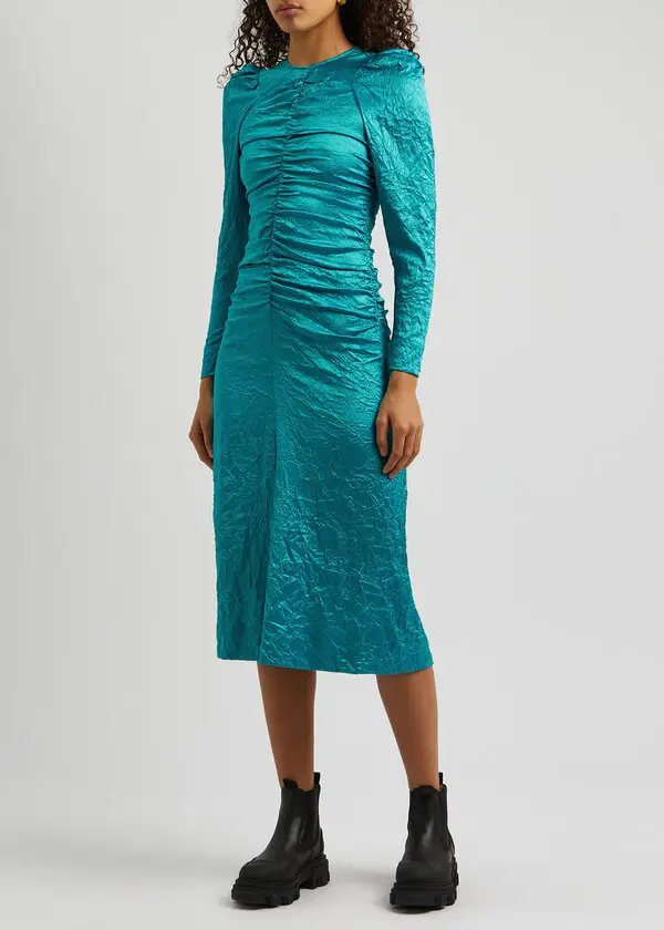 ganni crinkled satin midi dress Ruched crinkled stretch-satin midi dress - tomato red