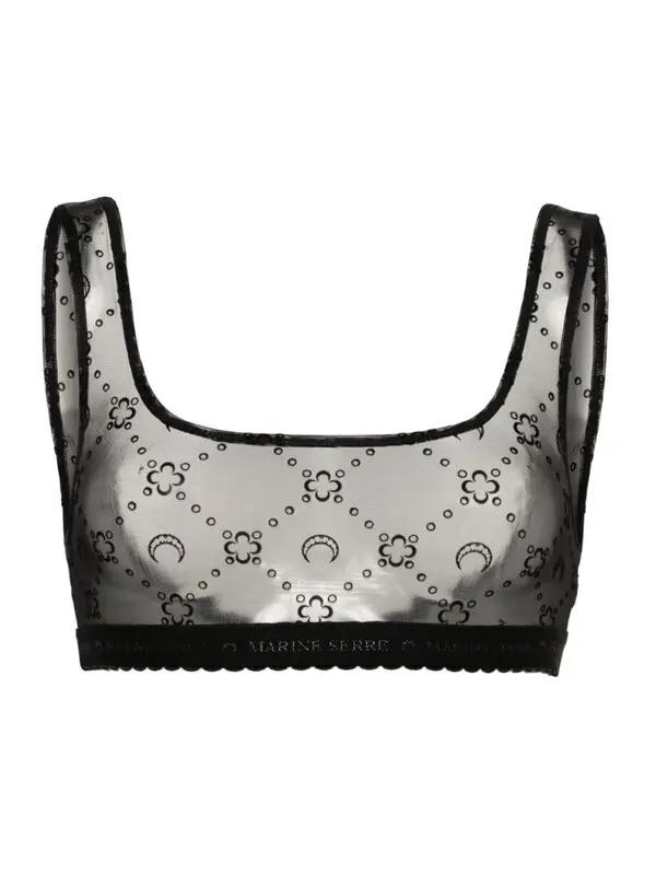 MARINE SERRE Moonogram Flocked Tulle Bralette - Black