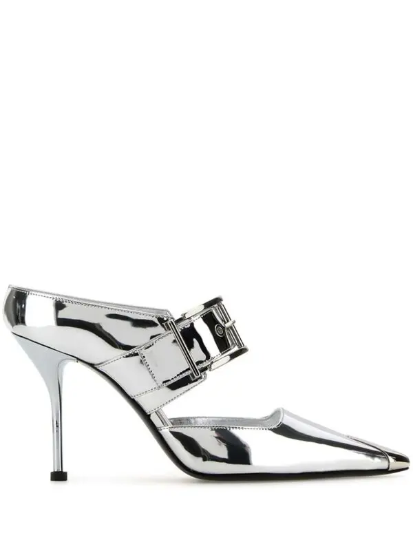 Alexander McQueen Punk 90mm Buckled Metallic Mules - Silver