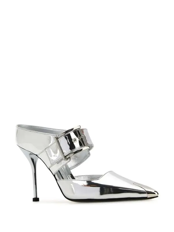 Alexander McQueen Punk 90mm Buckled Metallic Mules - Silver