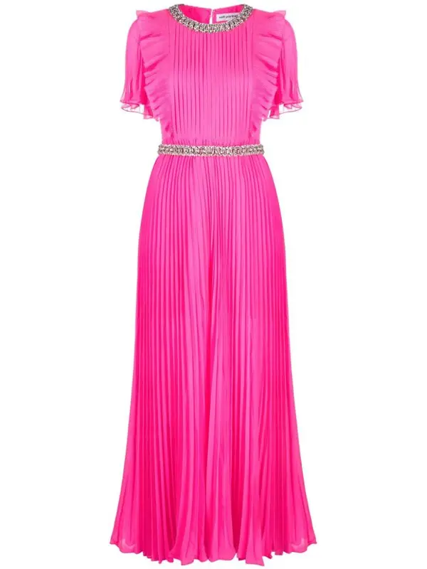 Self-Portrait Pleated Chiffon Maxi Dress In Pink - 41% Off