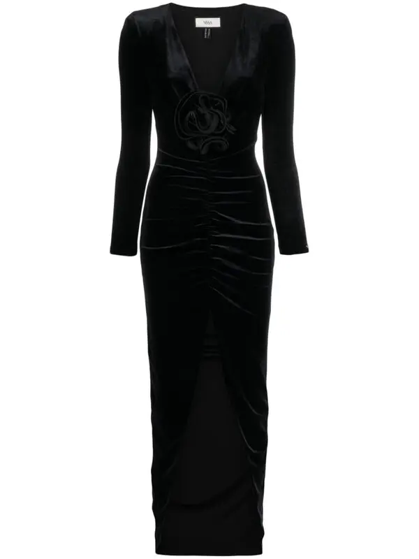 NISSA Floral-detail Velvet Maxi Dress - Black