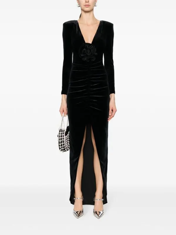 NISSA Floral-detail Velvet Maxi Dress - Black