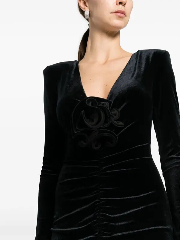 NISSA Floral-detail Velvet Maxi Dress - Black
