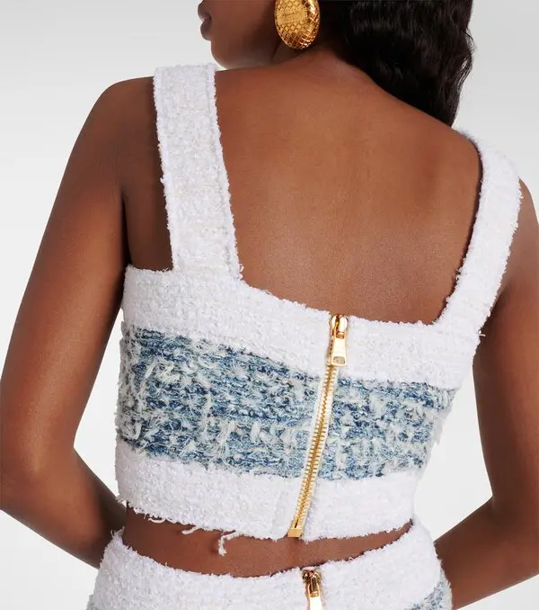 Balmain Tweed Denim Cropped Top - Multicoloured