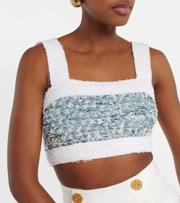 Balmain Tweed Denim Cropped Top - Multicoloured