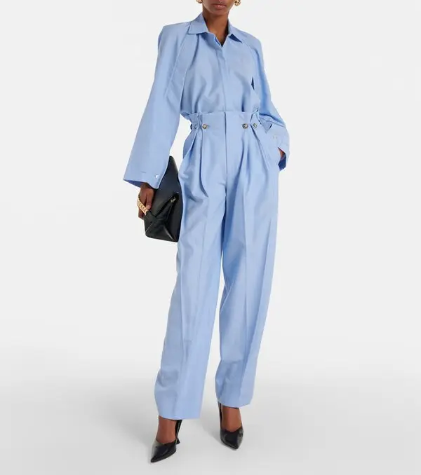Victoria Beckham Gathered Virgin Wool Tapered Trousers - Blue