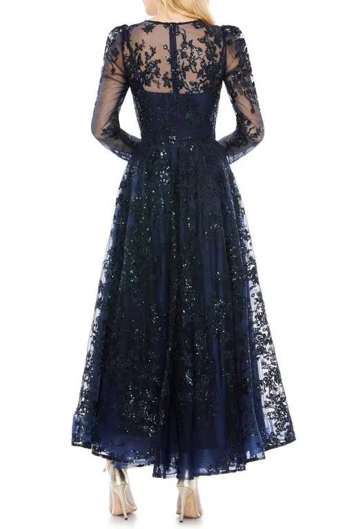 Mac Duggal Sequin Floral Long Sleeve Tulle Midi Dress - Navy | Editorialist