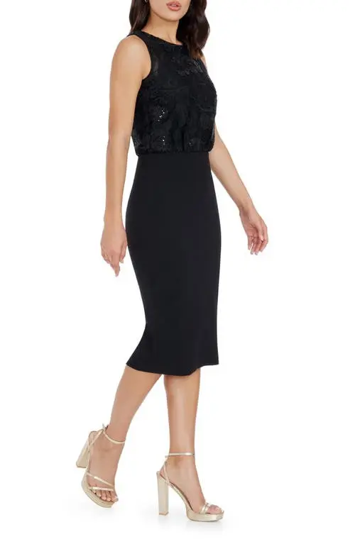 Dress The Population Amada Sequin Mixed Media Sheath Midi Dress
