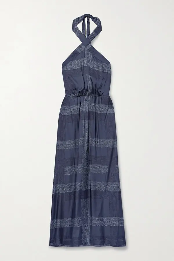 LEMLEM Net Sustain Ajani Striped Charmeuse Halterneck Midi Dress - Blue