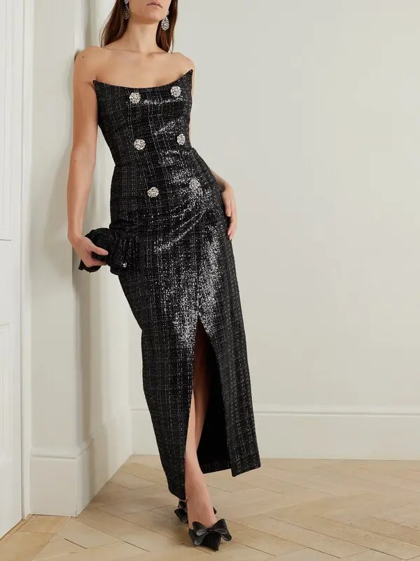 Balmain Strapless Embellished Sequined Tweed Gown