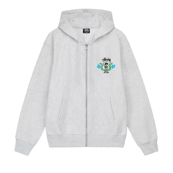 StÜssy Skull Crest Zip Up Hoodie - Grey