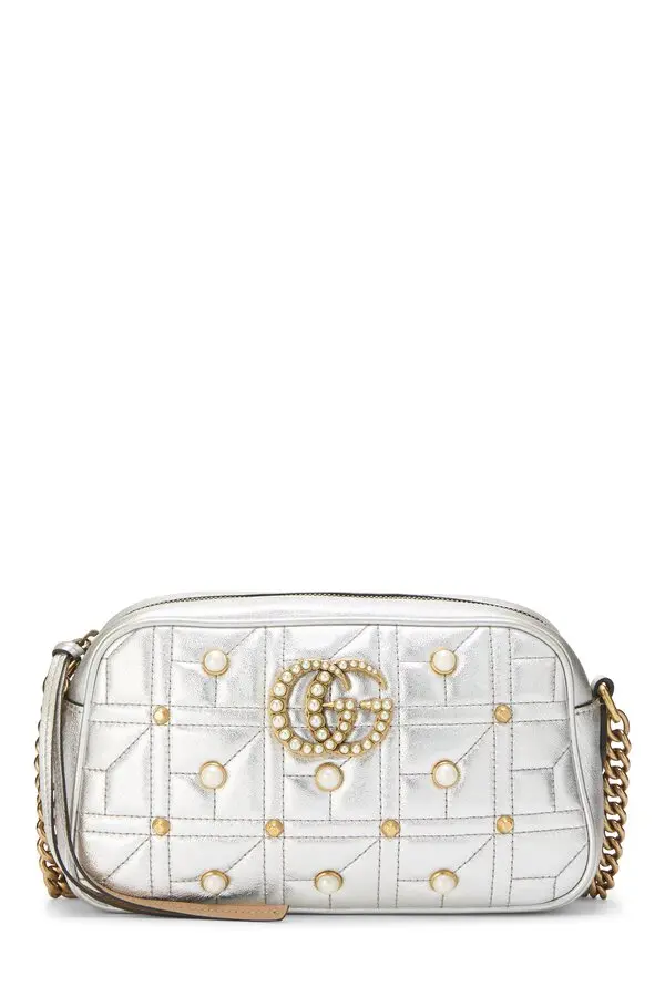 Gucci Leather & Faux Pearl Gg Marmont Crossbody - Silver