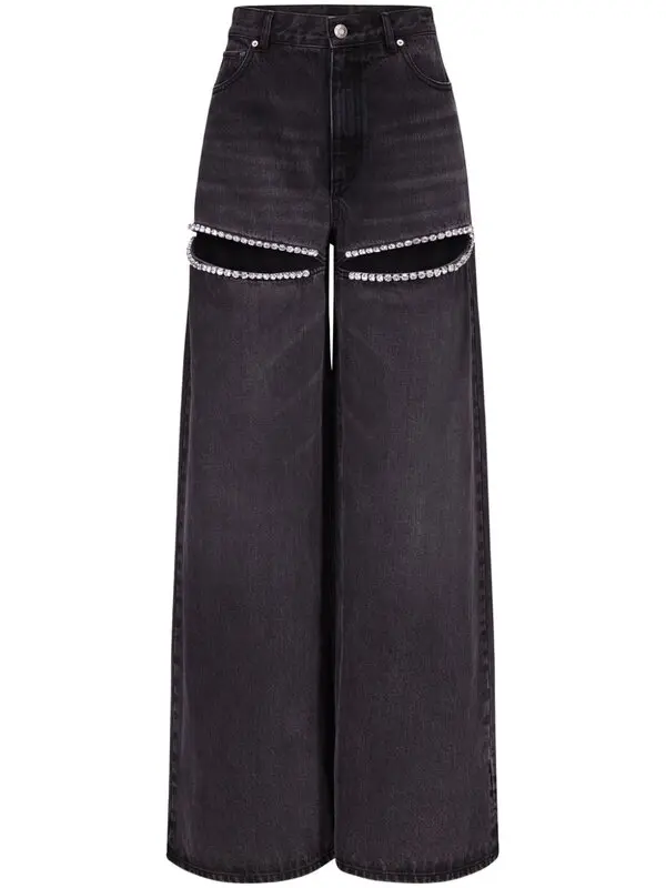 AREA Crystal-embellished Wide-leg Jeans - Black