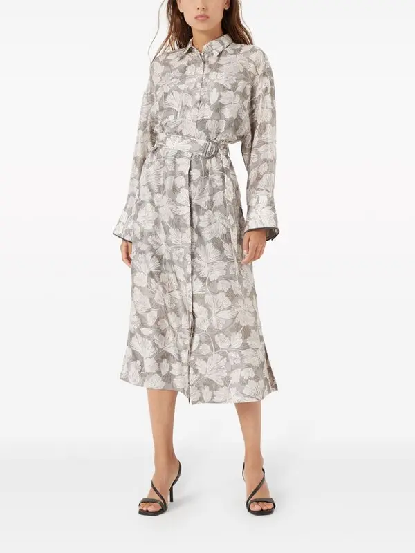Brunello Cucinelli Leaf-print Belted Midi Dress