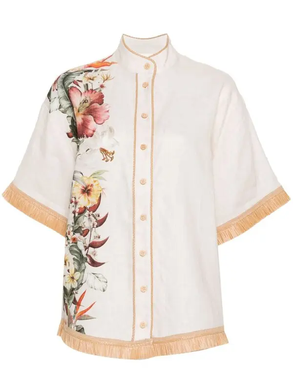 Zimmermann Lexi Raffia-trim Floral Print Linen Shirt - Neutrals