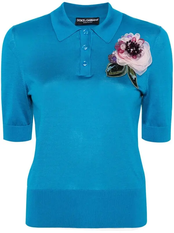 Dolce & Gabbana Floral-appliqué Knit Polo Shirt - Blue