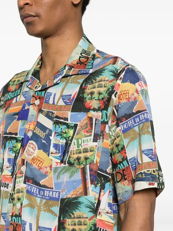 Rhude Postal Card-print Bowling Shirt - Blue