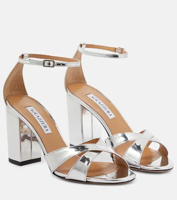 AQUAZZURA Divine 85 Metallic Leather Sandals - Silver