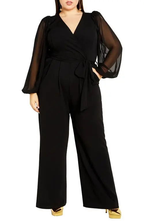City Chic Belted Sheer Long Sleeve Jumpsuit - Black