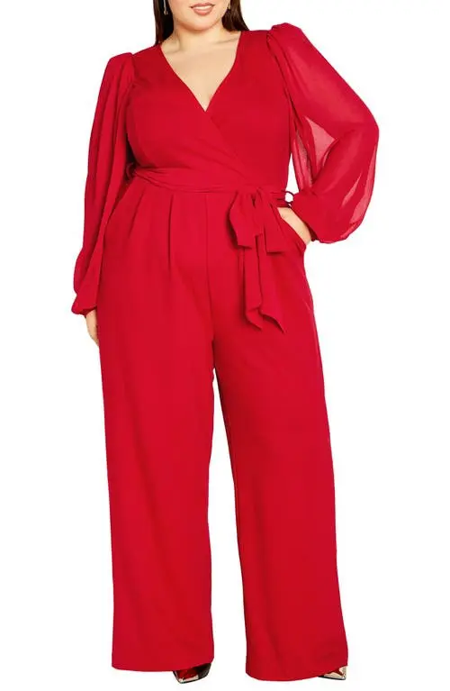City Chic Belted Sheer Long Sleeve Jumpsuit - Cherry