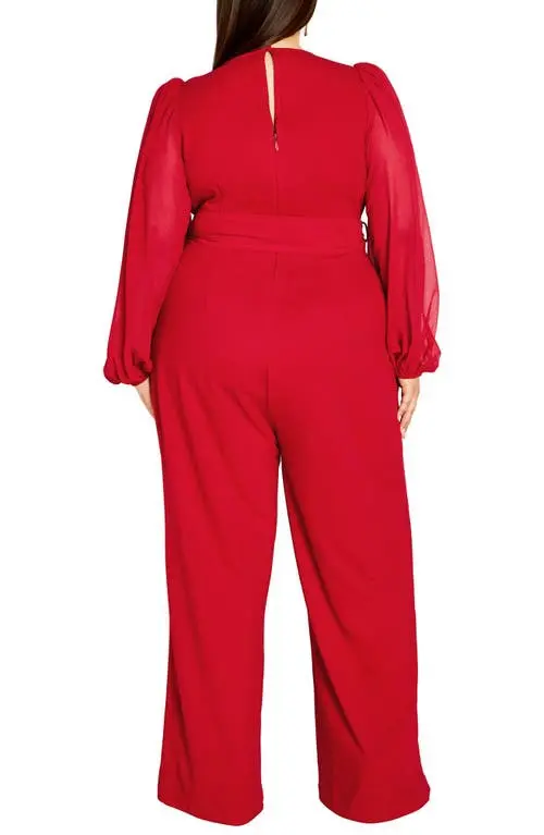 City Chic Belted Sheer Long Sleeve Jumpsuit