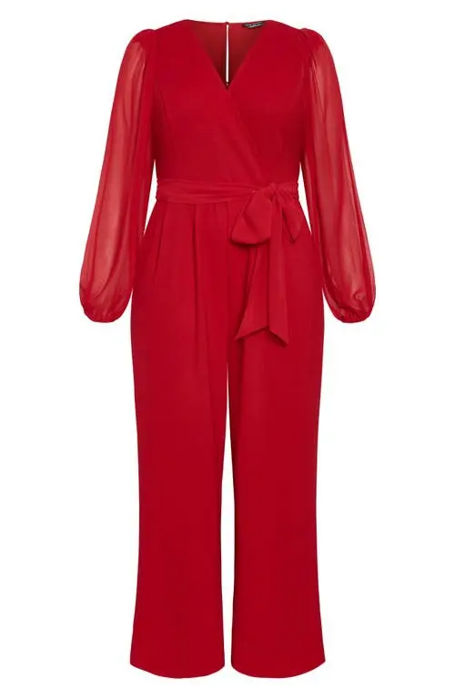 City Chic Belted Sheer Long Sleeve Jumpsuit