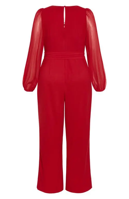 City Chic Belted Sheer Long Sleeve Jumpsuit