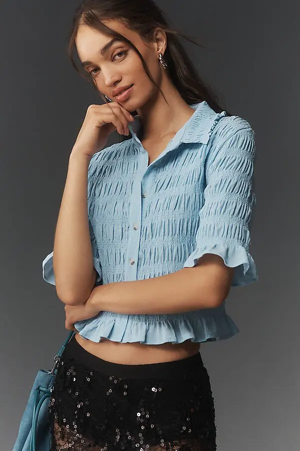 Maeve Smocked Button-front Top - Light Blue