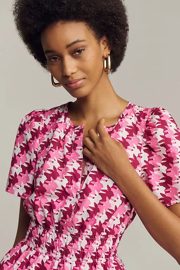 THE SOMERSET COLLECTION BY ANTHROPOLOGIE Printed Blouse With Smocked Waist - Medium Pink
