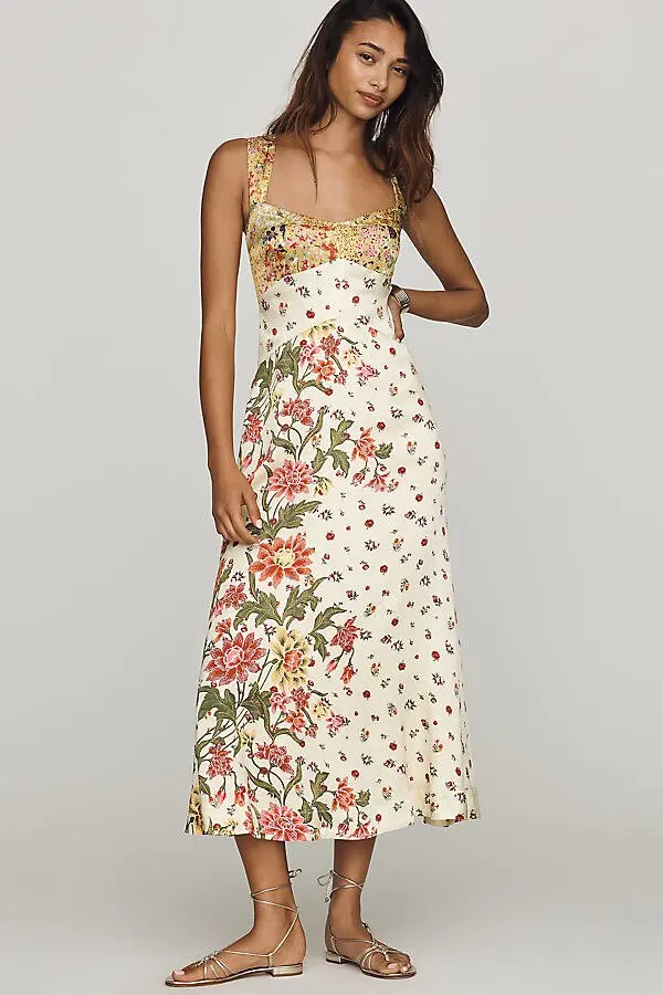Maeve Sleeveless Slip Midi Dress - Yellow Pattern