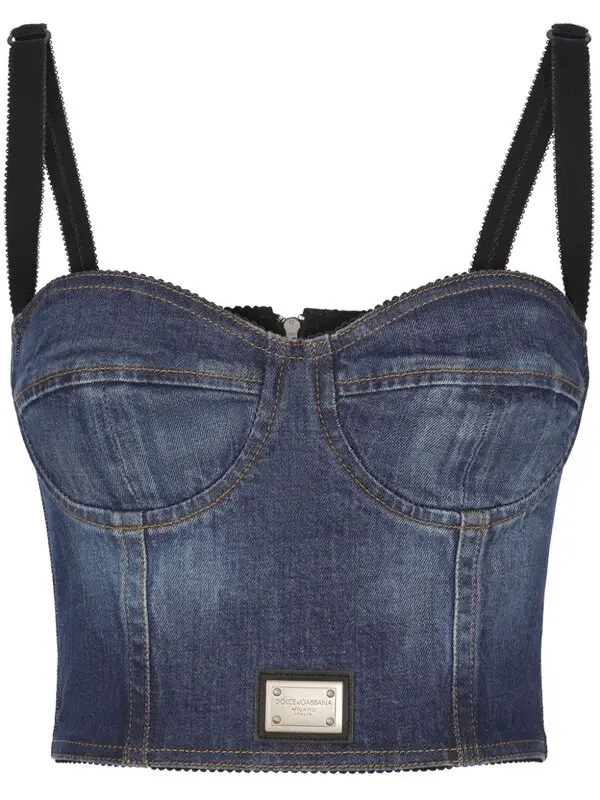Dolce & Gabbana Logo Plaque Denim Crop Top - Blue