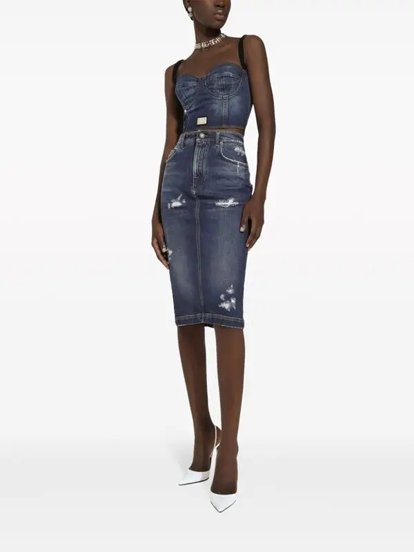 Dolce & Gabbana Logo Plaque Denim Crop Top - Blue