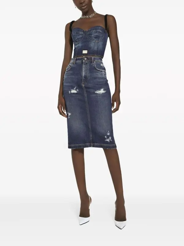 Dolce & Gabbana Logo Plaque Denim Crop Top - Blue