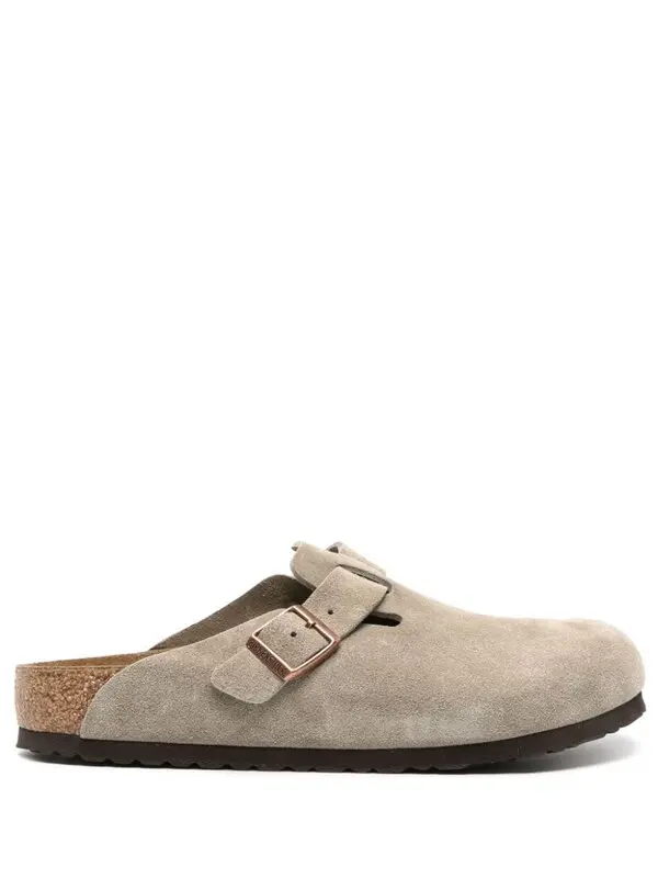 BIRKENSTOCK Boston Suede Buckle Slides - Neutrals
