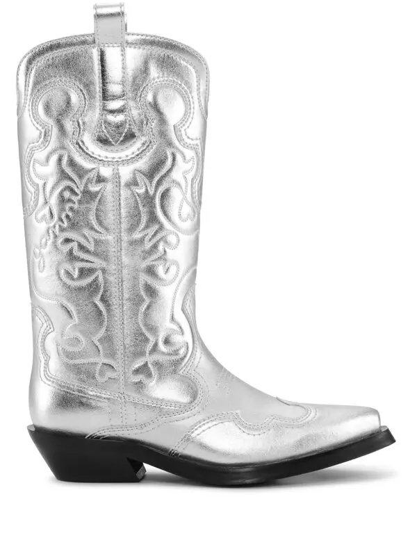 GANNI 40mm Metallic Western Boots - Silver