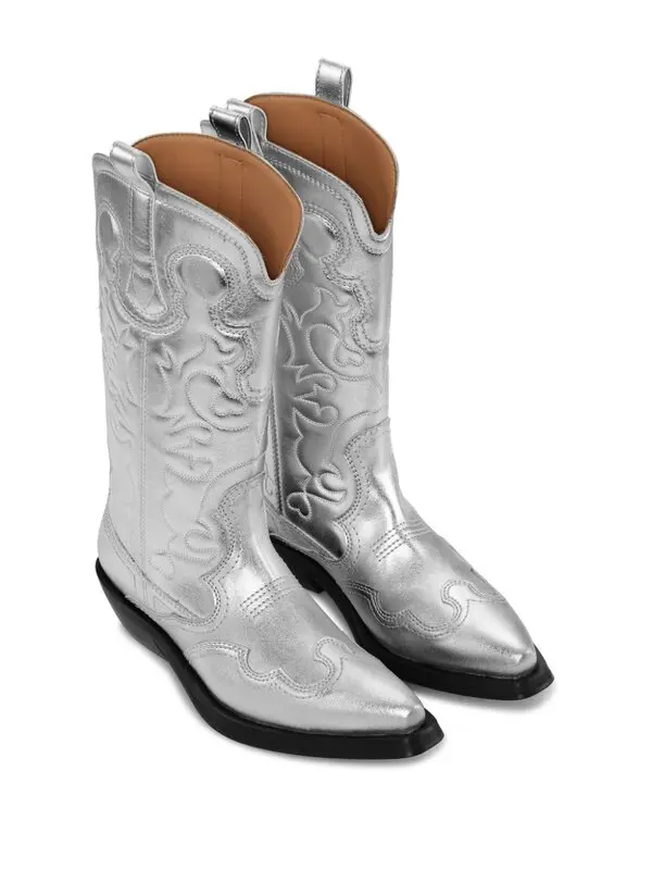 GANNI 40mm Metallic Western Boots - Silver