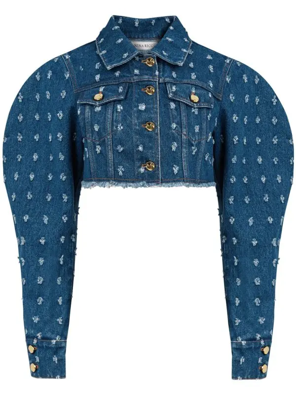 Nina Ricci Distressed Cropped Denim Jacket - Blue