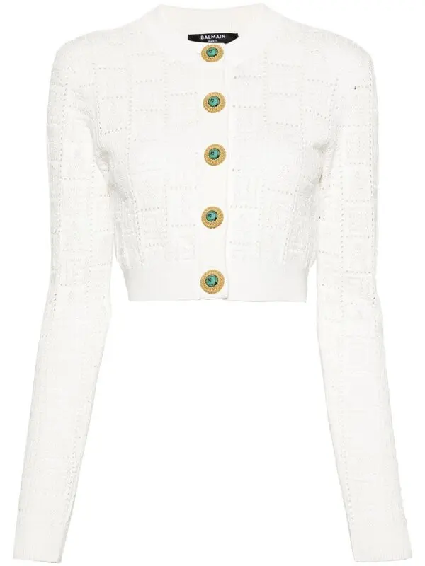 Balmain Pointelle-knit Monogram Cardigan - White