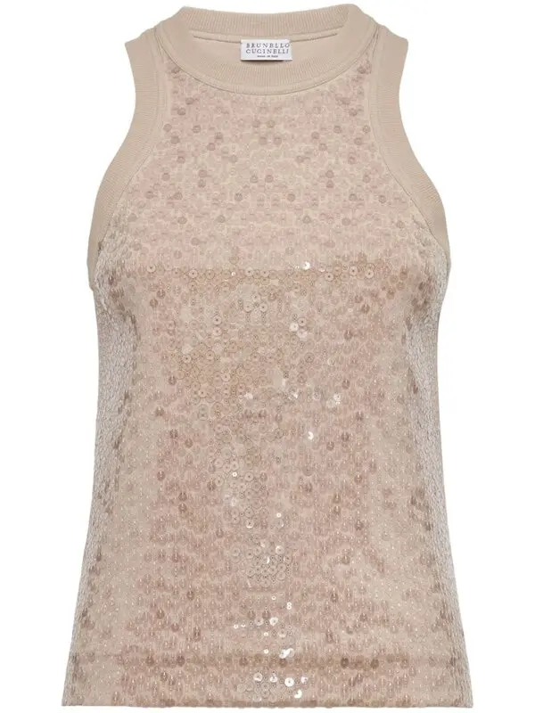 Brunello Cucinelli Sequined Cotton Tank Top - Neutrals