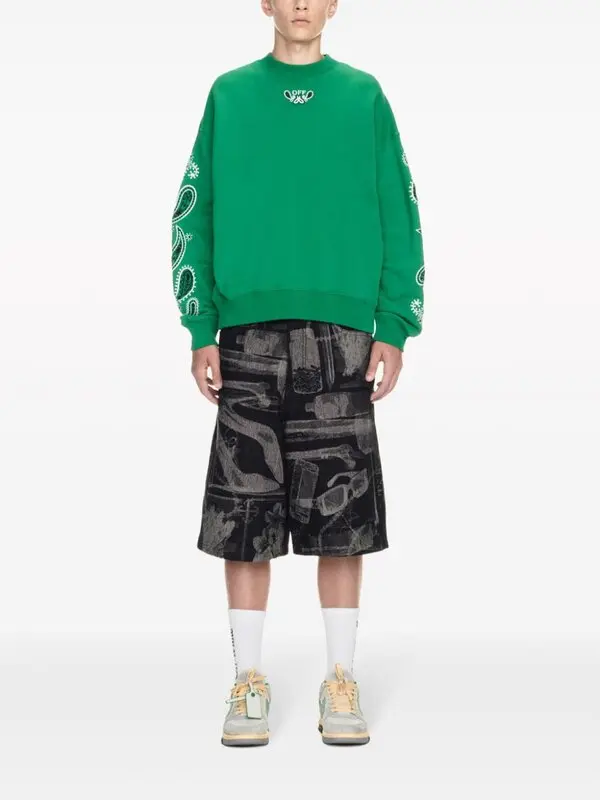 Off-White Cotton Sweatshirt With Bandana Embroidery - Green