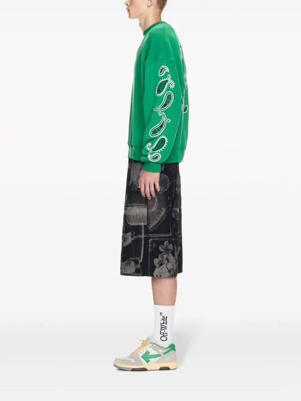 Off-White Cotton Sweatshirt With Bandana Embroidery - Green