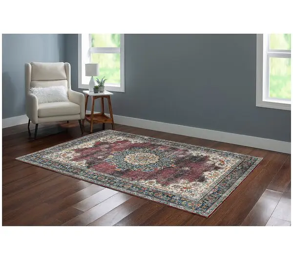 LINON Washable Gage Ivory/burgundy 5 'x7' Area Rug - One-color