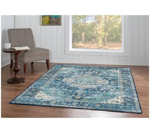 LINON Washable Pruitt Teal/ivory 5'x 7' Area Rug - One-color