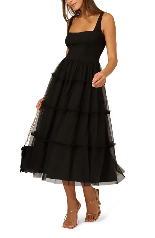adrianna papell black tiered dress Mesh Overlay Midi In - 60% Off 4% elastane